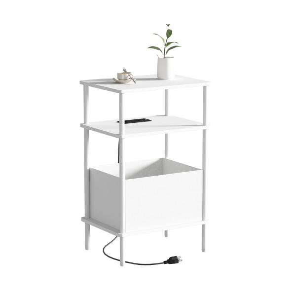 商品名: Newmics 小型サイドテーブル 充電ステーション付き 小さなスペース用エンドテーブル コンセント付きスリムナイトスタンド テーブル横のソファ 3段収納棚 リビングルーム 寝室 ナチュラルホワイト Newmics Small S...