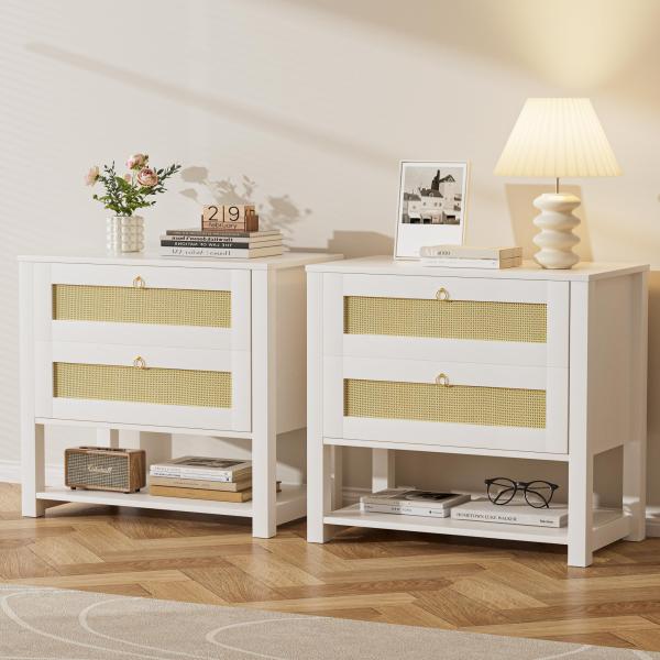 商品名:  SYESWAY Nightstands Set of 2, White Night Stand with 2 Rattan Drawers and Open Storage Shelf, Large Bed Side Table...