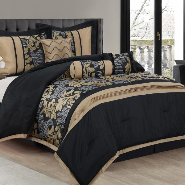 商品名:  LANCO MODERN LIFESTYLE Black Gold King Comforter Set, 7 Piece, Gorgeous Floral Jacquard with Piecework, Soft for A...