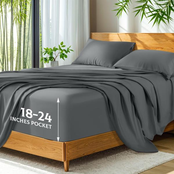 商品名: SONORO KATE 竹由来のビスコース100% ビスコース_、最大45.72cm-60.04cmまでの深いポケット、ホットスリーパー用のウルトラソフト&amp;クールシーツ、ホテルラグジュアリーシルキーベッドシーツ(ダークグレ...