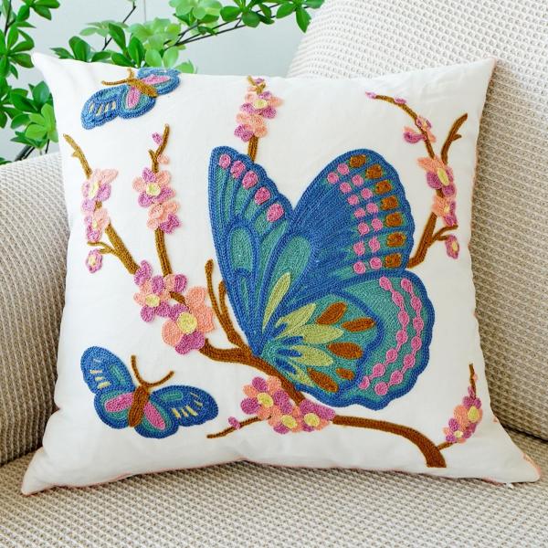 商品名: vctops フローラルバタフライ刺繍枕カバー 18x18インチ 春夏コットン タフテッド スローピローカバー アウトドアガーデンクッションケース ソファ、ベッド、リビングルーム用(蝶、45.7cmx45.72cm) vctops...