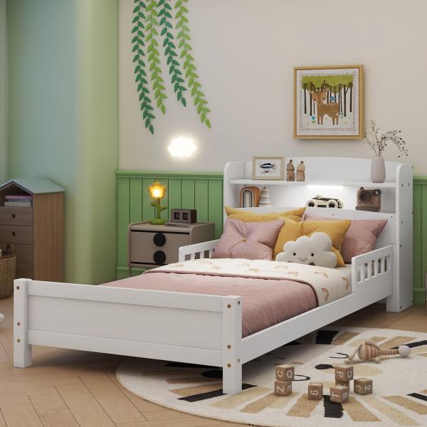 商品名:  Linique Twin Pine Wood Platform Bed with Bookcase Headboard,LED Motion Sensor Light,Flexible Assembly Guardrails,A...