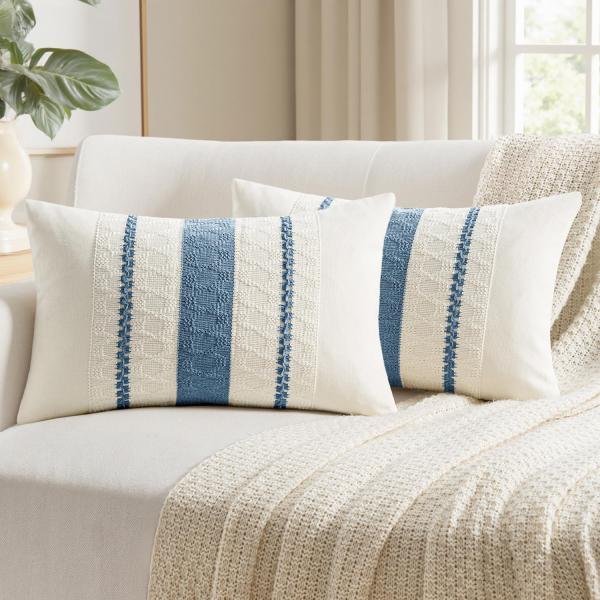 商品名: Woaboy装飾クッションカバー ボーホー ファームハウス カウチ スローピロー モダン コットン クッションカバー マクラメ織 春 ホームデコレーション ベッド/ソファチェア用 12x20インチ ブルー Woaboy Set o...