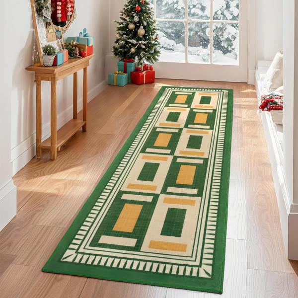 商品名:  nesrt Washable Christmas Hallway Runner Rug 2x6 Checkered, Modern Geometric Non Slip Kitchen Rug Runner Green and ...