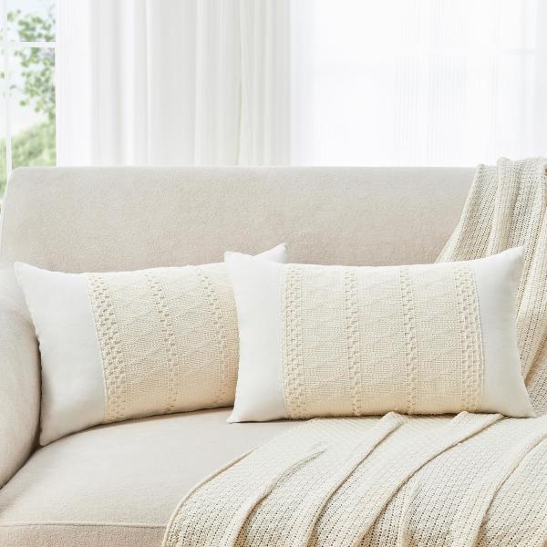 商品名: GriNeed クッションカバー 2枚セット 12x20インチ ボーホー 枕カバー ソフト ランバー ニュートラル コットン ホワイト 装飾ケース カウチ ソファ ベッド リビングルーム ホーム モダン 織物 農家 かわいい 装飾...