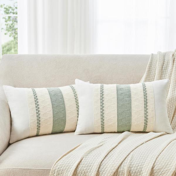 商品名: GriNeed クッションカバー 2枚セット 12x20インチ ボーホーピローカバー、ソフトランバーニュートラルコットンセージグリーン装飾ケース、カウチ、ソファ、ベッド、リビングルーム、ホームモダン織物農家かわいい装飾 Grine...