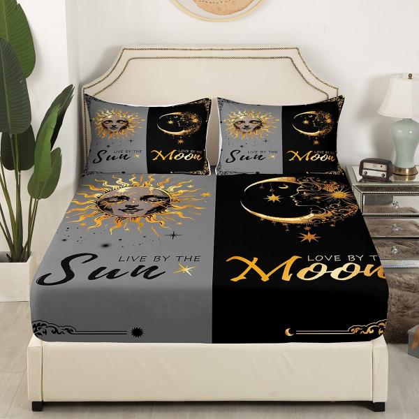 商品名:  Boho Sun Moon Fitted Sheet Queen Size Black Gray Bedding Set Lover Couple Sheet Set,Valentine's Day Bed Cover Ultr...