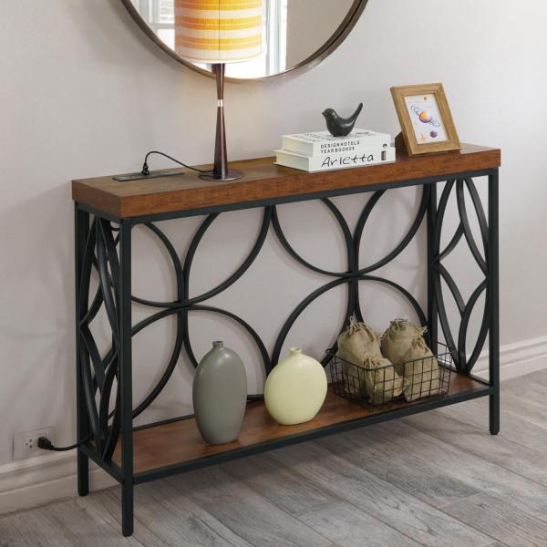 商品名:  CAPHAUS 41” 2-Tier Industrial Sofa Console Thick Table w/Storage &amp; Charging Station, Entrance Tableau w/ 2 Out...