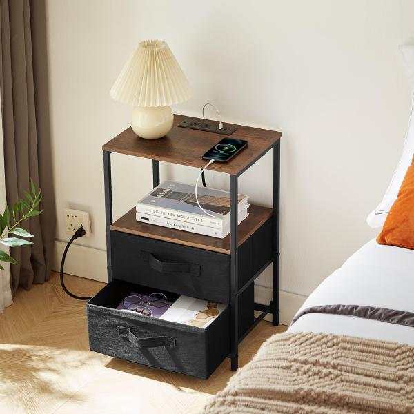 商品名:  End Table with Charging Station, Nightstand with USB Port, Outlet and Fabric Bag, 2 Drawers Open Storage Shelf Sid...