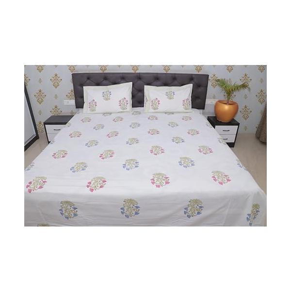 商品名: ANORVI - プレミアムジャイプールサンガネリハンドブロックプリントベッドシーツ? 100%コットン(ホワイト、キング(米国標準)、マルチカラーフローラル) ANORVI - California King Sheet Set...