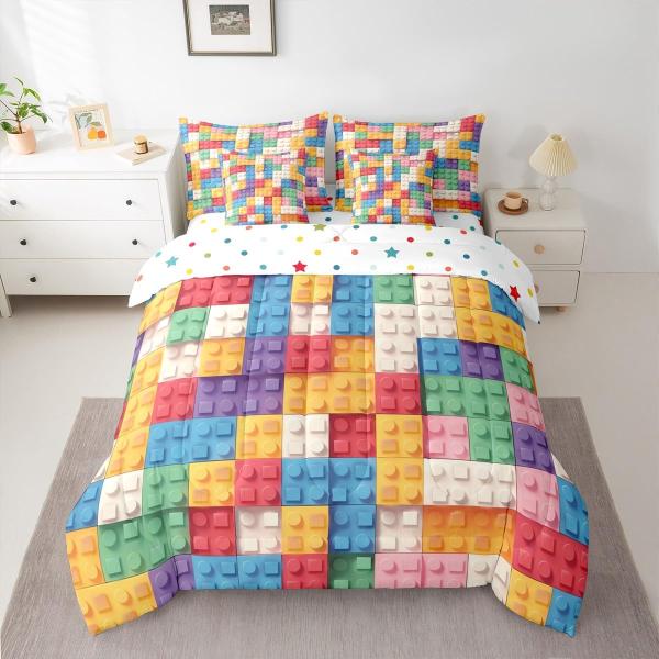商品名: Feelyou ビルディングブロックプリント 寝具7点セット クイーンサイズ キッズ レンガスタイル 掛け布団セット シーツ付き 男の子 ティーン向け カラフルなゲームベッド バッグ入り グリーン レッド イエロー ブルー 部屋の...