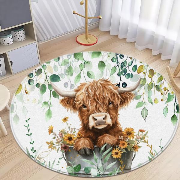 商品名:  Highland Cow Leaves Round Area Rugs,Sage Green Eucalyptus Watercolor Plant Floral Farmhouse Funny Cattle Animals W...