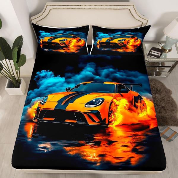 商品名:  Kids Boys Race Car Fitted Sheet Twin Size,Orange Sports Car Bed Sheets for Teens Racing Cars Cool Sports Game Bedd...