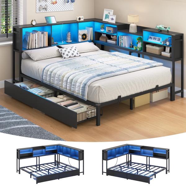 商品名:  Hasuit Corner Bed Frame Full with 2 Drawers and Storage Bookcase, Daybed with Charging Station and LED Lights, Met...