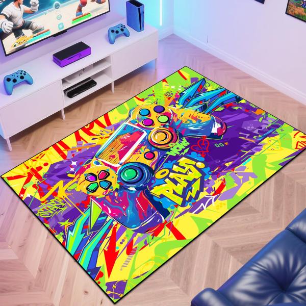 商品名:  Gaming Area Rug Teen Boys Carpet, Colorful Graffiti Gamepad Graffiti Background Game Controller Design for Game Ro...