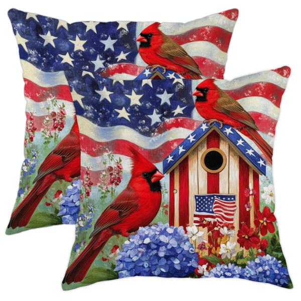 商品名:  Cardinal Bird Pillow Covers Set of 2, Red and Blue Patriotic Decorative Throw Pillow Cases, Summer Holiday Farmhou...