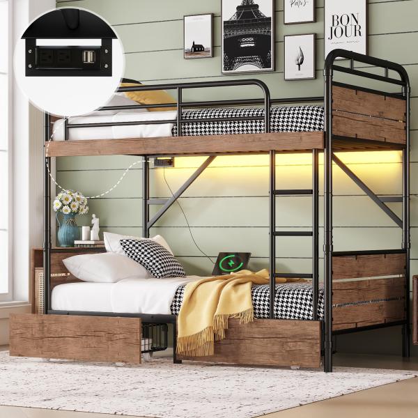 商品名:  Twin XL Bunk Beds with LED Light and Charge Station for Kids and Teens , Industrial Heavy-Duty 2 IN 1 Convertible ...