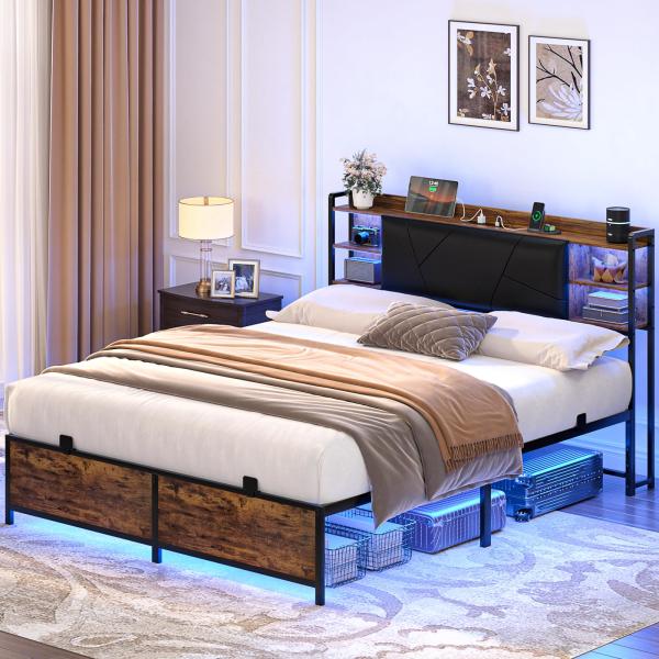 商品名:  Cyclysio Full Bed Frame with Storage Headboard, Full-Size Upholstered Platform Bed with Charging Station and RGB L...
