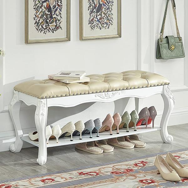 商品名:  Vintage Solid Wood Entryway Bench,Button Leather Upholstered Shoe Bench Shoe Storage Organizer,Premium Bedroom End...