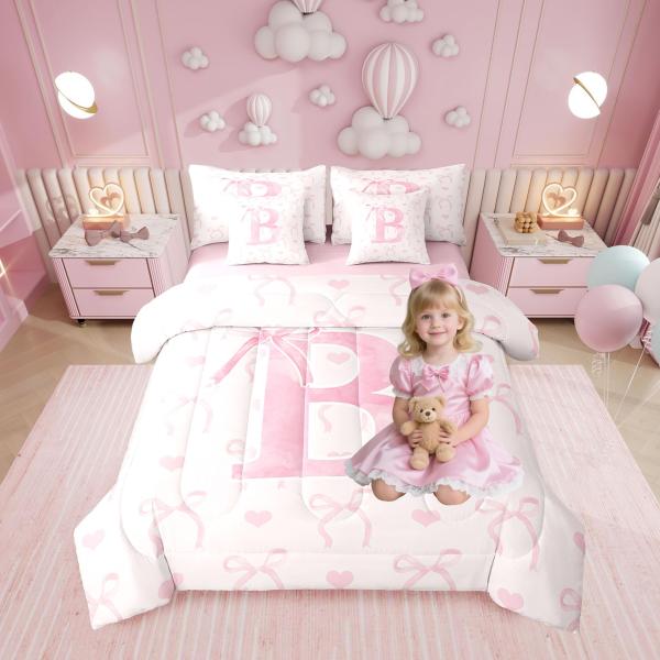 商品名: Erosebridal 7ピース イニシャル アルファベット B シーツセット ベッド イン A バッグ フルサイズ 女の子用 ピンク レター ベッドセット 美的 蝶結び 掛け布団 キュート ラブ ハート 幾何学模様 蝶結び Er...