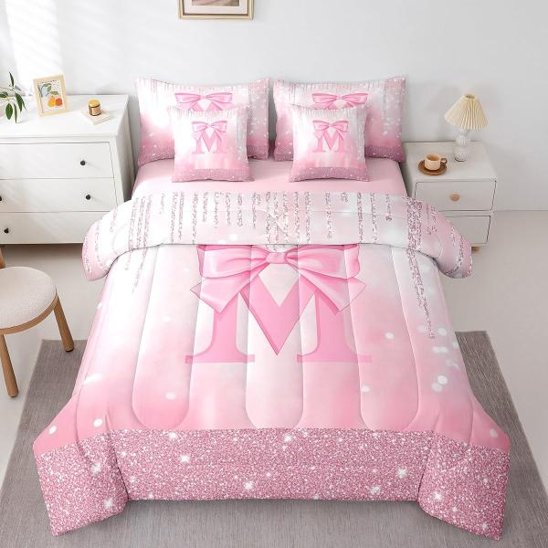 商品名: Feelyou ボーイズ ガールズ ピンク 蝶結び ベッド イン A バッグ クイーンサイズ パーソナライズ イニシャル M 7ピース 寝具セット プリンセス グリッター 掛け布団セット シーツ付き キッズ リボン アルファベット...