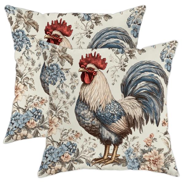 商品名:  Rooster Pillow Covers Set of 2, Vintage Blue Floral Throw Pillow Cases, Country Farmhouse Decor for Living Room So...