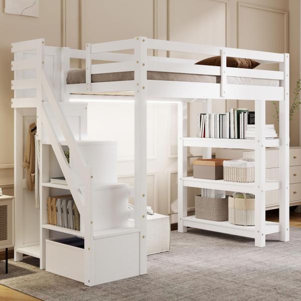 商品名: Merax ロフトベッド 棚付き 収納階段 ツインサイズ ワードローブ ホワイト LEDライト ホワイト Merax Twin Size Loft Bed with Shelves, Storage Staircase, Smal...