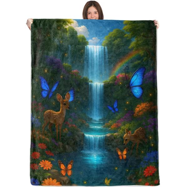 商品名: 邪悪な魔法の鹿と蝶のブランケット、50 x 60インチ、魅惑的な滝の森のレインボーデザインの心地よいフランネルスロー、ソフトで軽量な子供用ギフトブランケット、ソファベッド、旅行の風変わりな装飾。 WKEDIN Magical De...