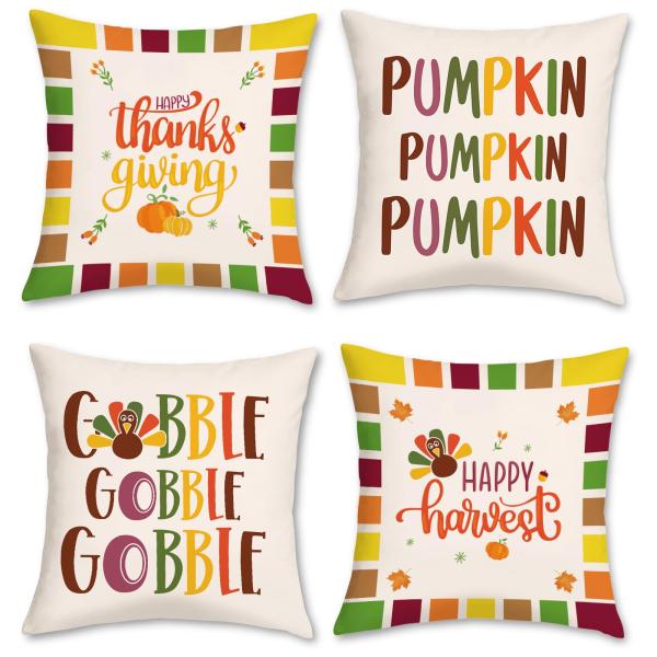 商品名: Bonhause 感謝祭 ゴブル スローピローカバー 18 x 18インチ 七面鳥 パンプキン ハッピーハーベスト メープルリーフ ファームハウス 装飾 ソフトベルベット クッションケース カウチ ソファ ホームベッド 装飾 4枚...