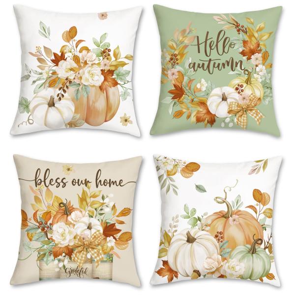 商品名: Bonhause 秋パンプキンスローピローカバー 18 x 18インチ 花瓶 フローラル 紅葉 花輪 Bless Our Home オレンジ グリーン 装飾 ソフト ベルベット クッション ケース カウチ ソファ ホーム ベッド ...