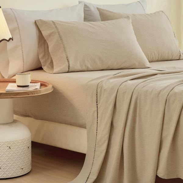商品名:  Simple&amp;Opulence French Linen Sheet Set King Size, 4 Pcs Natural Flax Cotton Blend Bed Sheets 1 Flat Sheet, 1 F...