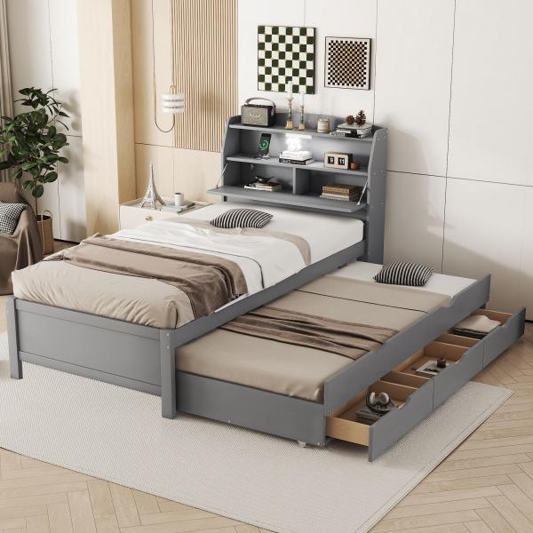 商品名:  Bellemave Twin Size Wooden Platform Bed with Trundle &amp; LED Storage Headboard - 3 Drawers, Wood Twin Captain Be...
