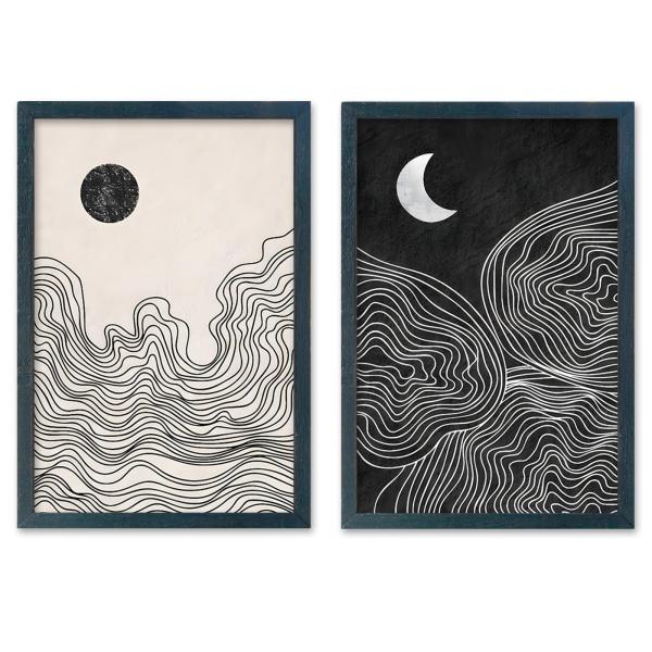 商品名: SRSZHIYUE 黒と白の太陽 月 サイン ウォールデコ 16x11インチ 2ピース ミニマリストボヘミアンミッドセンチュリー抽象 寝室用 ウォールアート 壁掛け用 (ブラック) SRSZHIYUE Minimalist Bla...