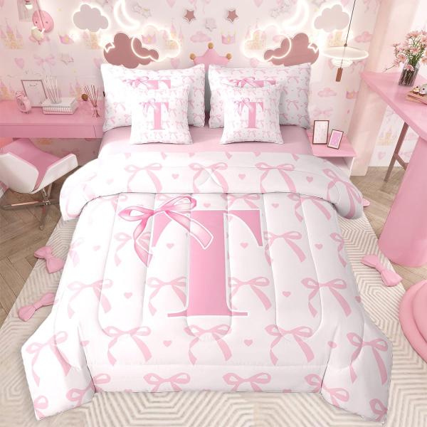 商品名:  jejeloiu Cute Pink Bow Kids Comforter Set with Sheets King Size,Boys Girls Personalized Letter T 7 Piece Bedding S...