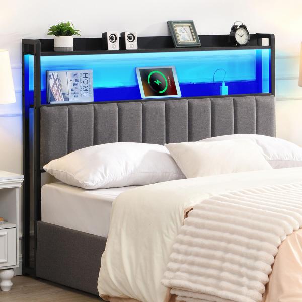 商品名:  MWrouqfur Headboard Queen Size with Storage &amp; LED Lights, Upholstered Headboard with Outlets, Adjustable, Free...
