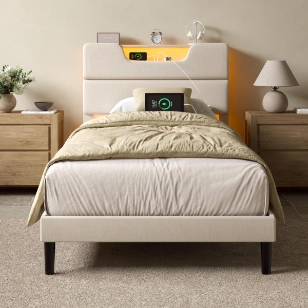 商品名:  OURPIC Twin Bed Frames for Kids, Twin Size Bed Frames with Upholstered Headboard, Modern Platform Bed with Chargin...