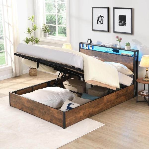 商品名:  Japovker Full Size Lift-up Storage Bed Frame, with Bookcase Headboard &amp; LED Lights,Wooden Platform Bed Frame w...