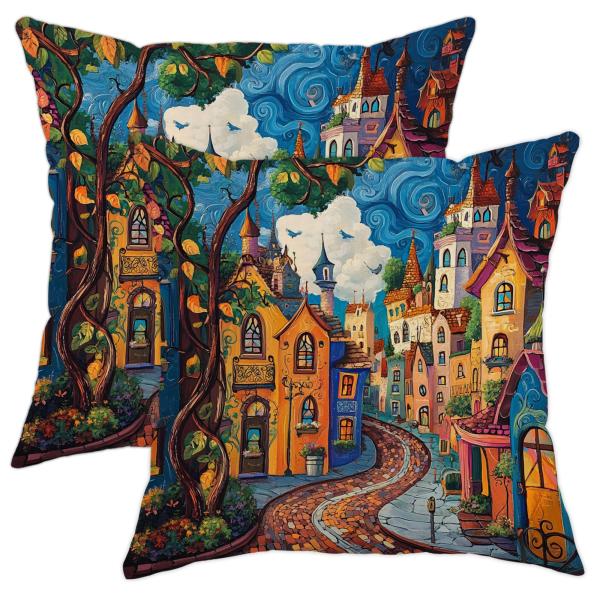 商品名:  Fanciful Pillow Covers Set of 2, Colorful Village Landscape Throw Cushion Cases, Artistic Decorative Square Home D...