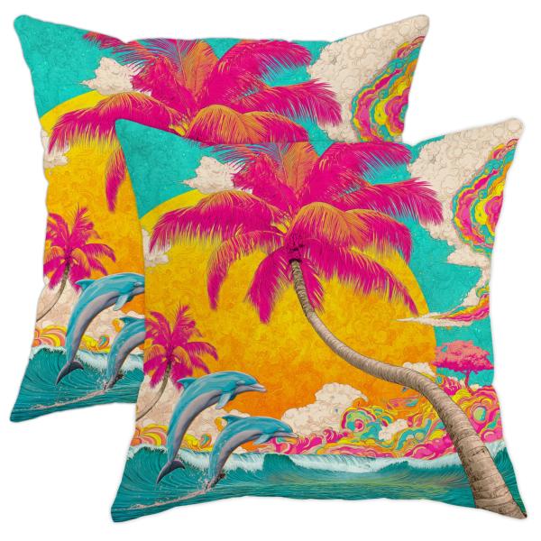 商品名:  Tropical Pillow Covers Set of 2, Bright Peach Palm Tree and Dolphin Throw Pillow Cases, Summer Decorative Square B...