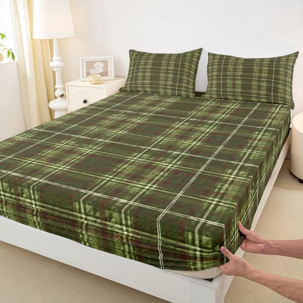 商品名: レトログリッドベッドシーツセット ホームデコレーション グリーンブラウン格子縞パッチワークシーツセット 深いポケット、ホワイト幾何学ラインマットレスカバー、トップシーツなし、ツインサイズ 枕カバー1枚付き Retro Grid B...