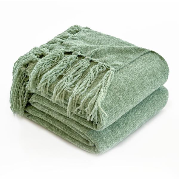 商品名: Simple&amp;Opulence ソファベッド用ソフトシェニール織ブランケット、タッセル付き心地よいプラッシュニット織ブランケット、ギフト用軽量装飾ファームハウスボーホーブランケット、セージグリーン 50インチx60インチ ...