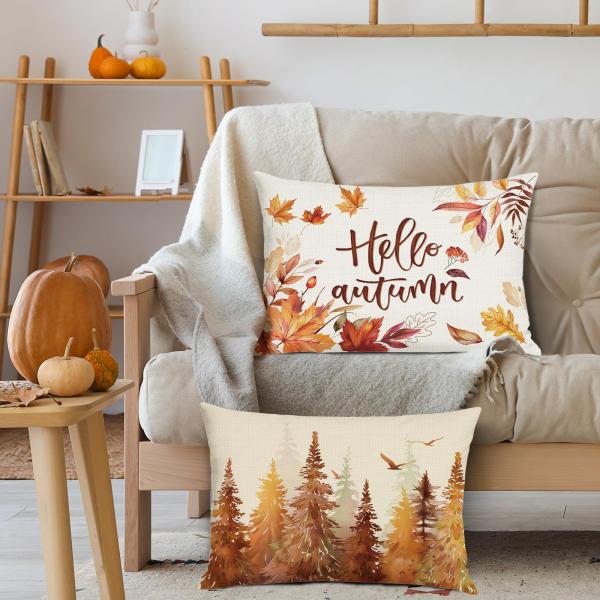 商品名: Bonhause ハローオータム 腰用枕カバー 12×20インチ 松の木 紅葉 リース ポリエステル リネン 装飾枕カバー カウチ ソファ ベッド ホーム 秋 装飾 2枚セット Bonhause Hello Autumn Lumb...