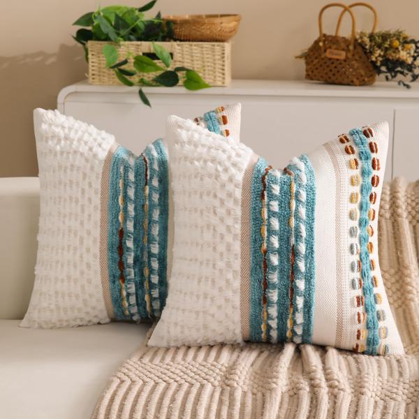 商品名:  KOOLIFE Boho Chenille Tufted Couch Throw Pillow Covers 18x18 Inch Set of 2 Farmhouse Striped Decorative Pillow Cov...