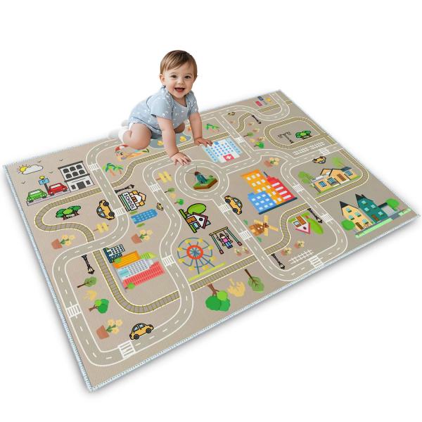商品名: 子供用カーラグおもちゃ車、滑り止め裏地付きキッズプレイラグ、プレイルーム、ベッドルーム、男の子用のシティロードカーペット、車のトラックマッププレイマット0.8x4フィート Car Rugs for Kids Toy Cars,Ki...