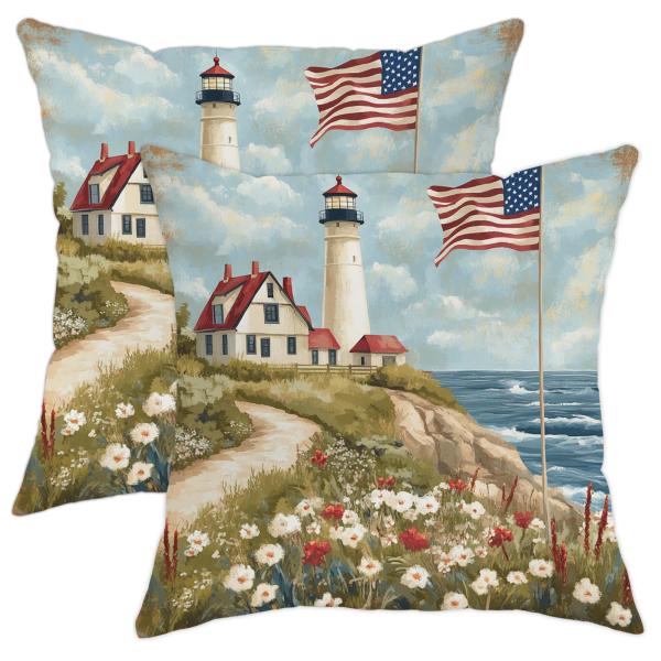 商品名:  Coastal Lighthouse Pillow Covers Set of 2, Vintage America Flag Decorative Throw Cushion Cases, Summer Nautical Fa...