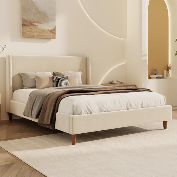 商品名:  Klwenas Maec Modern Cream Queen Size Platform Bed Frame with Wingback Headboard,Velvet Upholstered Mattress Founda...