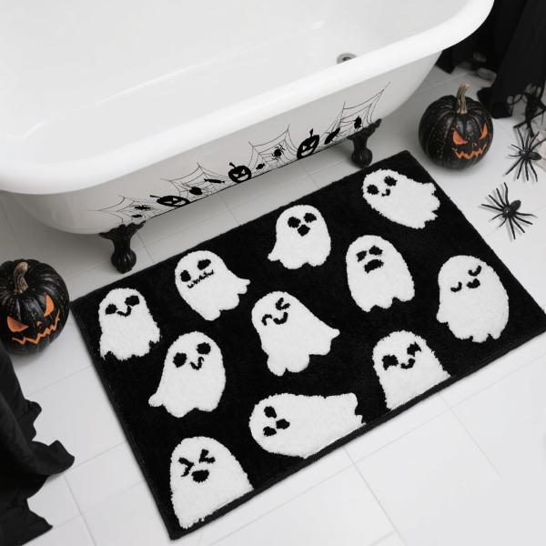 商品名: Lindameler ハロウィンバスルームラグ 不気味なブラック ホワイト ゴースト バスマット ハロウィン用 バスルーム装飾 滑り止め 洗濯可能 ゴースト バスラグ フロントドアマット用 寝室ラグ 装飾 20×31インチ Lin...
