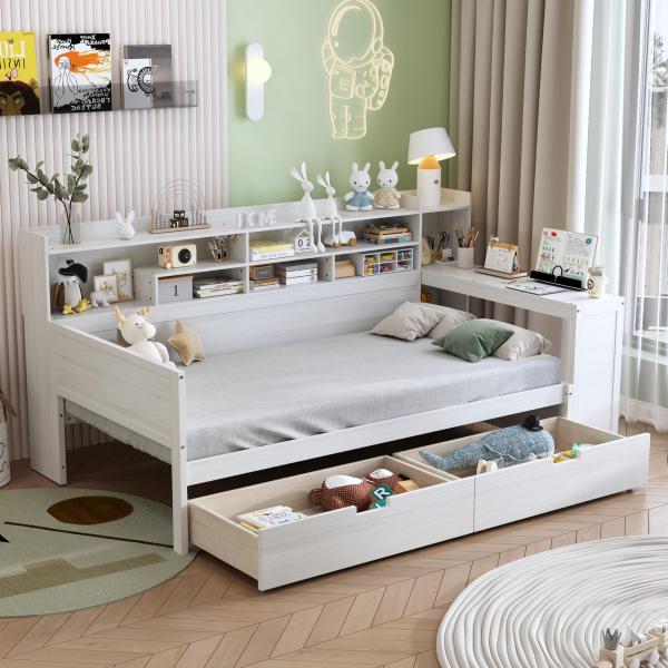 商品名:  Twin Size Daybed with Study Desk, Multi-functional Sofa Bed with Multi-layer Storage Shelves and Two Storage Drawe...