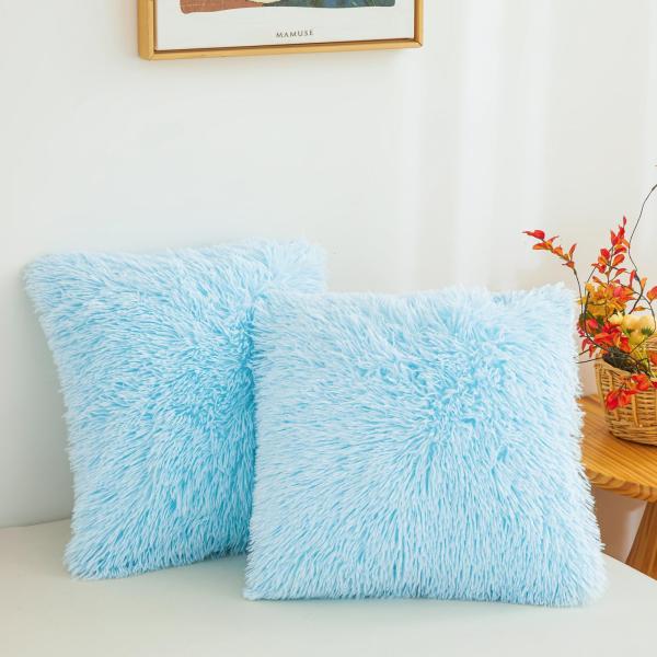 商品名:  Blue Plush Throw Pillow Covers 18"x18", Soft Decorative Fuzzy Fluffy Blue Pillow Cases, Furry Shaggy Faux Fur Cush...