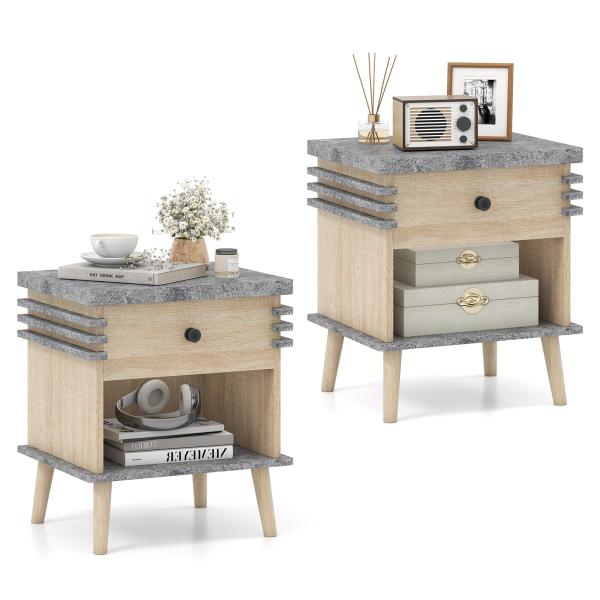 商品名:  Giantex Modern Nightstand Set of 2, 3-Tier Bedside Table with Drawer, Open Shelf &amp; Rubber Wood Legs, Color Blo...